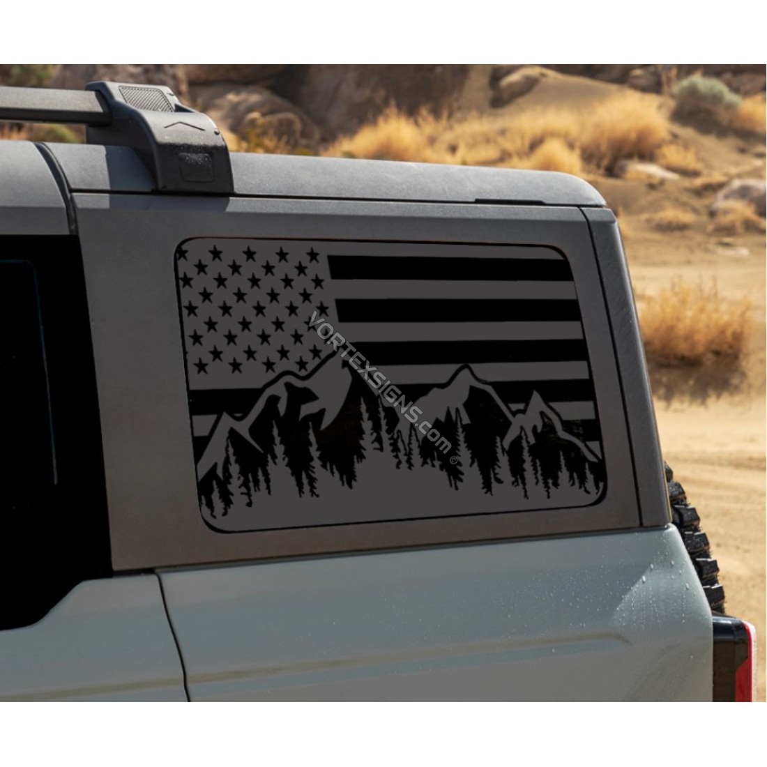 Ford Bronco Mountain Trees American flag rear side window decal